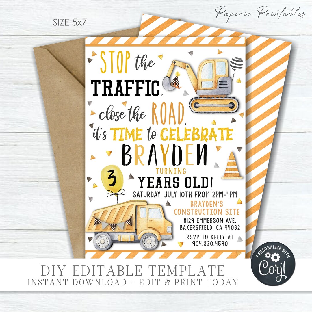 Editable Construction Birthday Party Invitation, Construction Birthday ...
