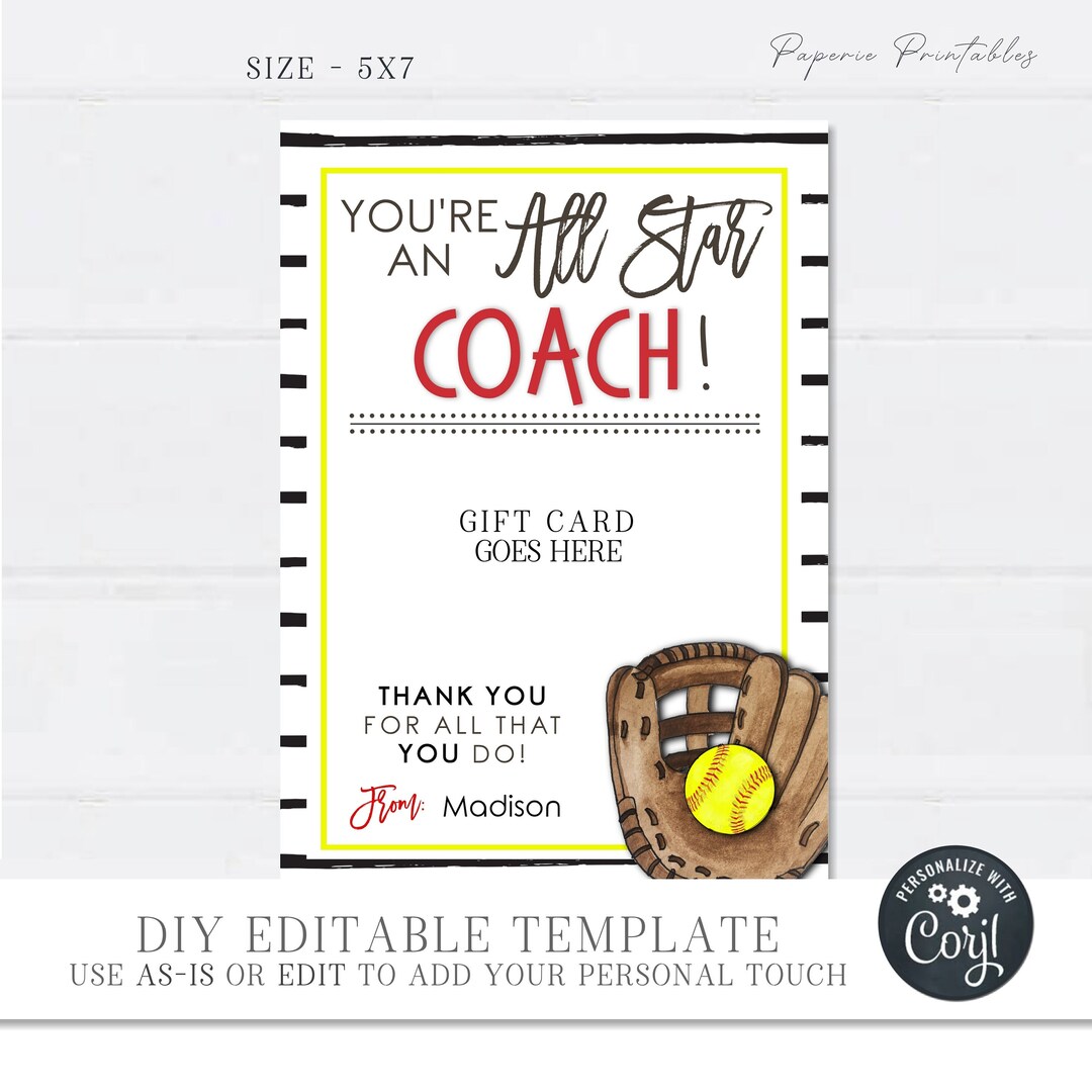 EDITABLE Softball Coach Appreciation Gift Card Holder, Coach ...