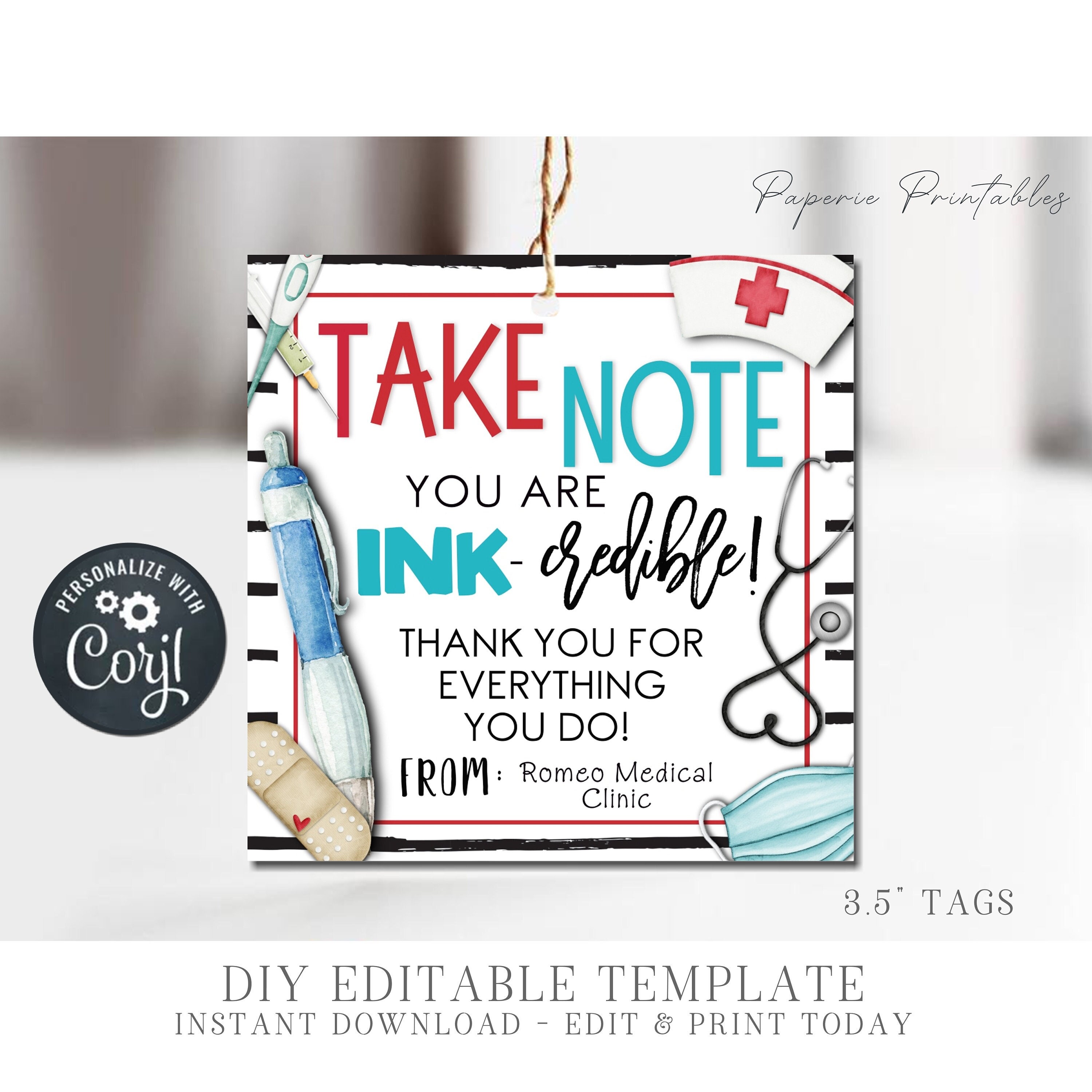 Editable Nurse Appreciation Gift Tag: Ink-credible Thank You (DIY Corjl ...