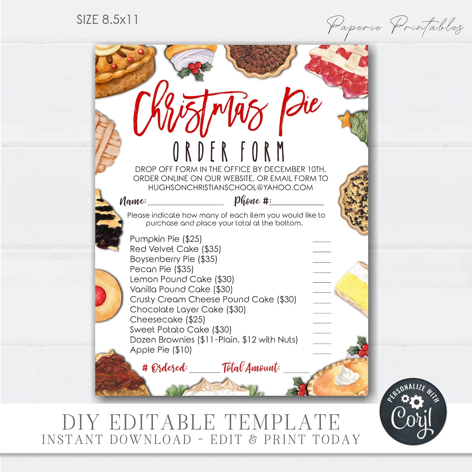 EDITABLE Christmas Pie Sale Order Form Christmas Bake Sale - Etsy