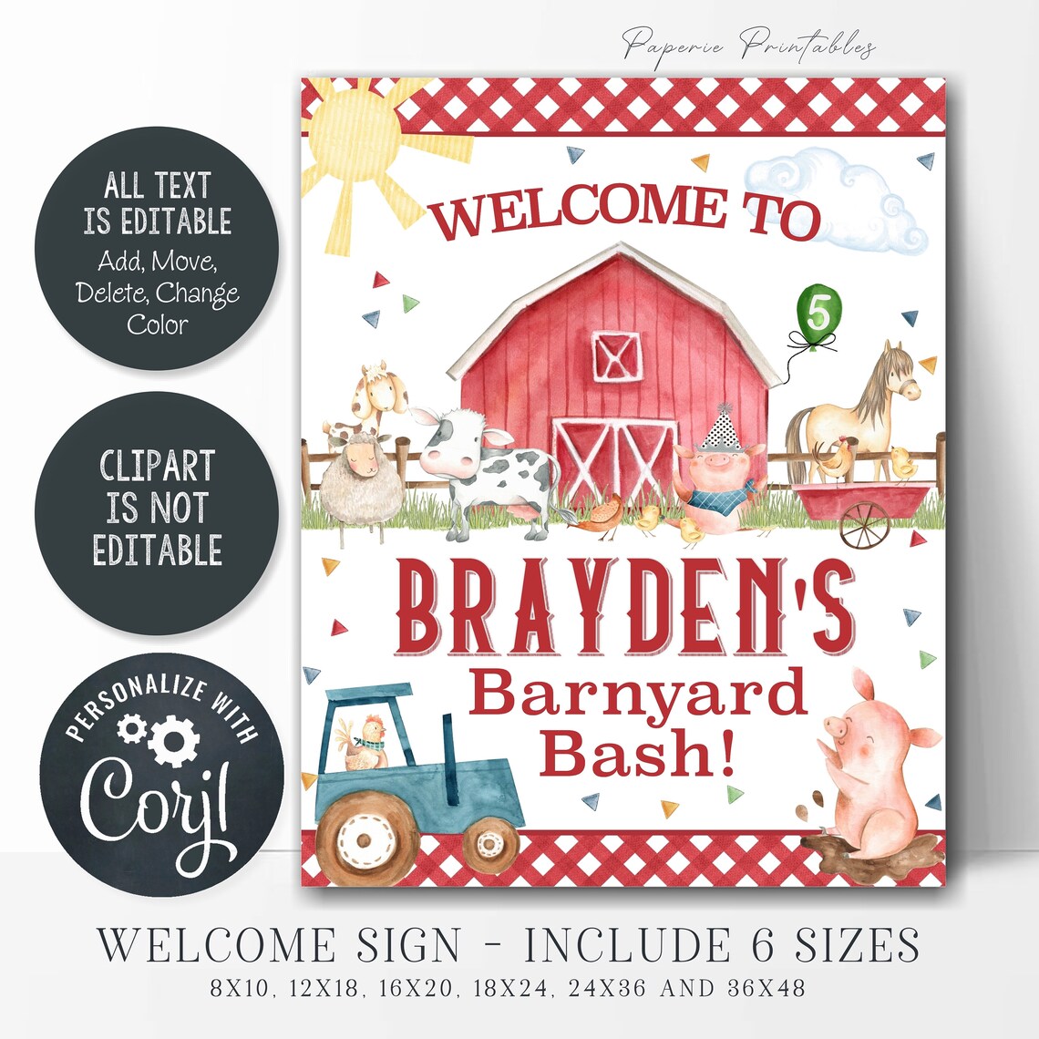Editable Farm Birthday Welcome Sign: Barnyard Animals Party (DIY Corjl ...