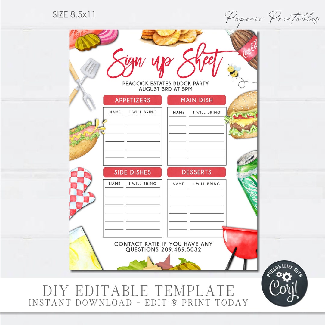 BBQ Potluck Sign up Sheet: Editable Party Form (digital Download) # ...