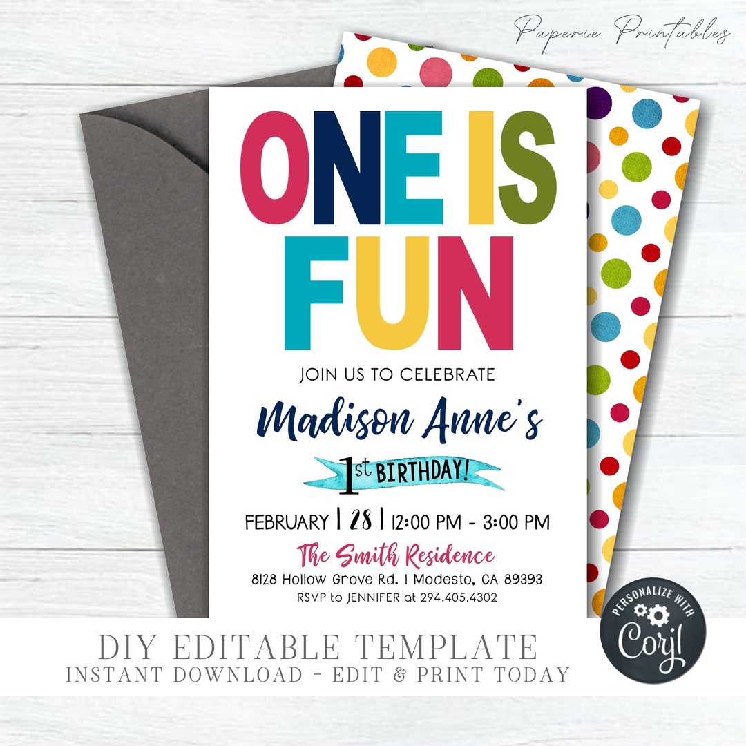 One is Fun Birthday Invitation: Primary Colors, DIY Template (digital ...