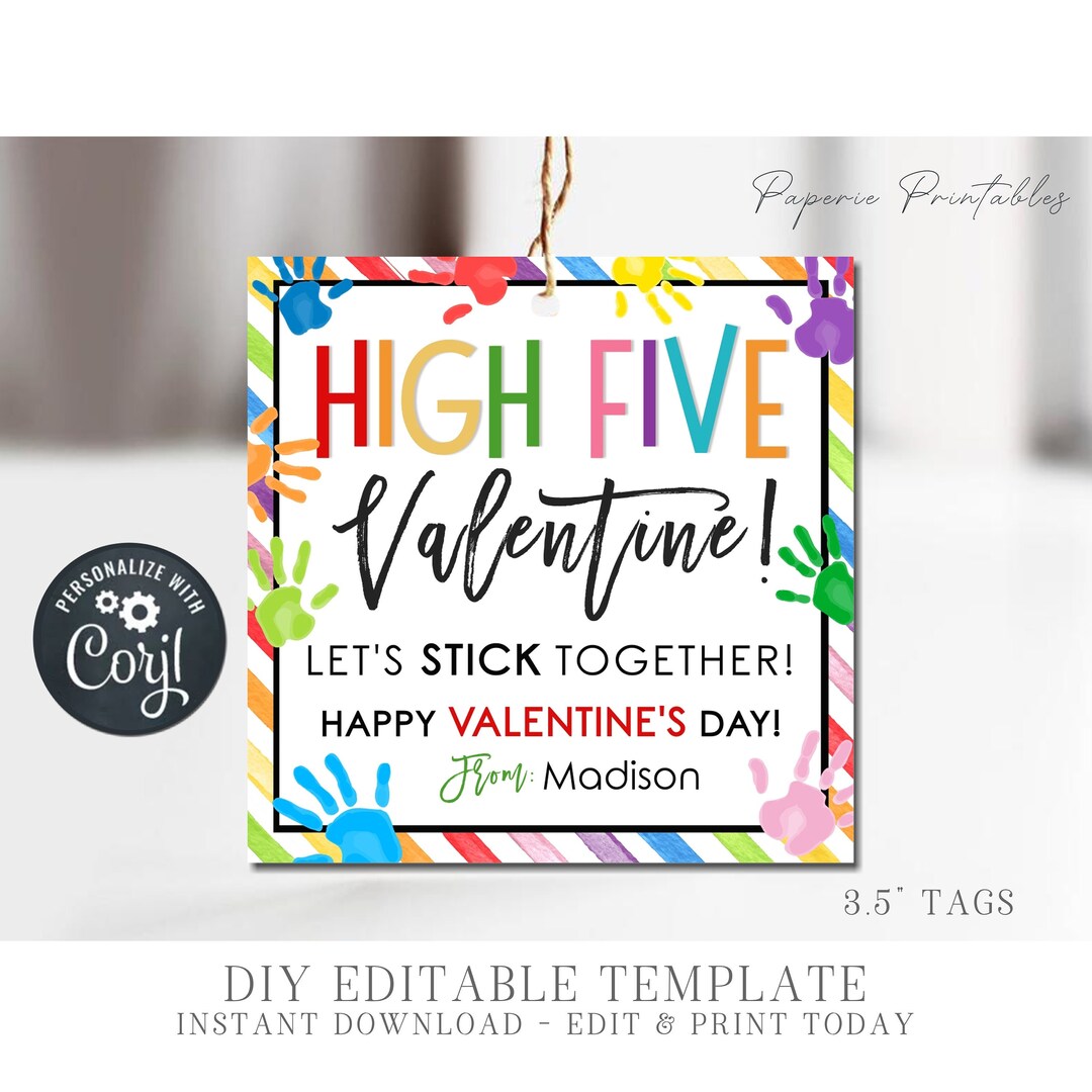 EDITABLE Sticky Hand High Five Valentine Gift Tag, Kids Valentine's Day ...