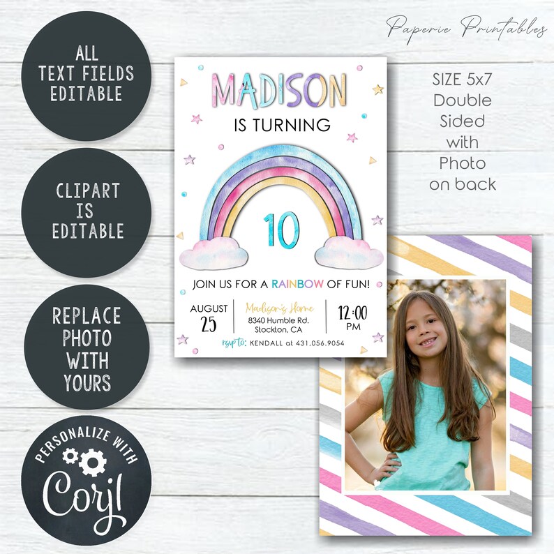 EDITABLE Rainbow Birthday Invitation Pastel Rainbow - Etsy