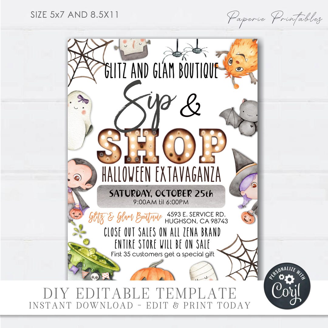 Editable Halloween Sip and Shop Flyer Template (5x7 & 8.5x11) (digital ...