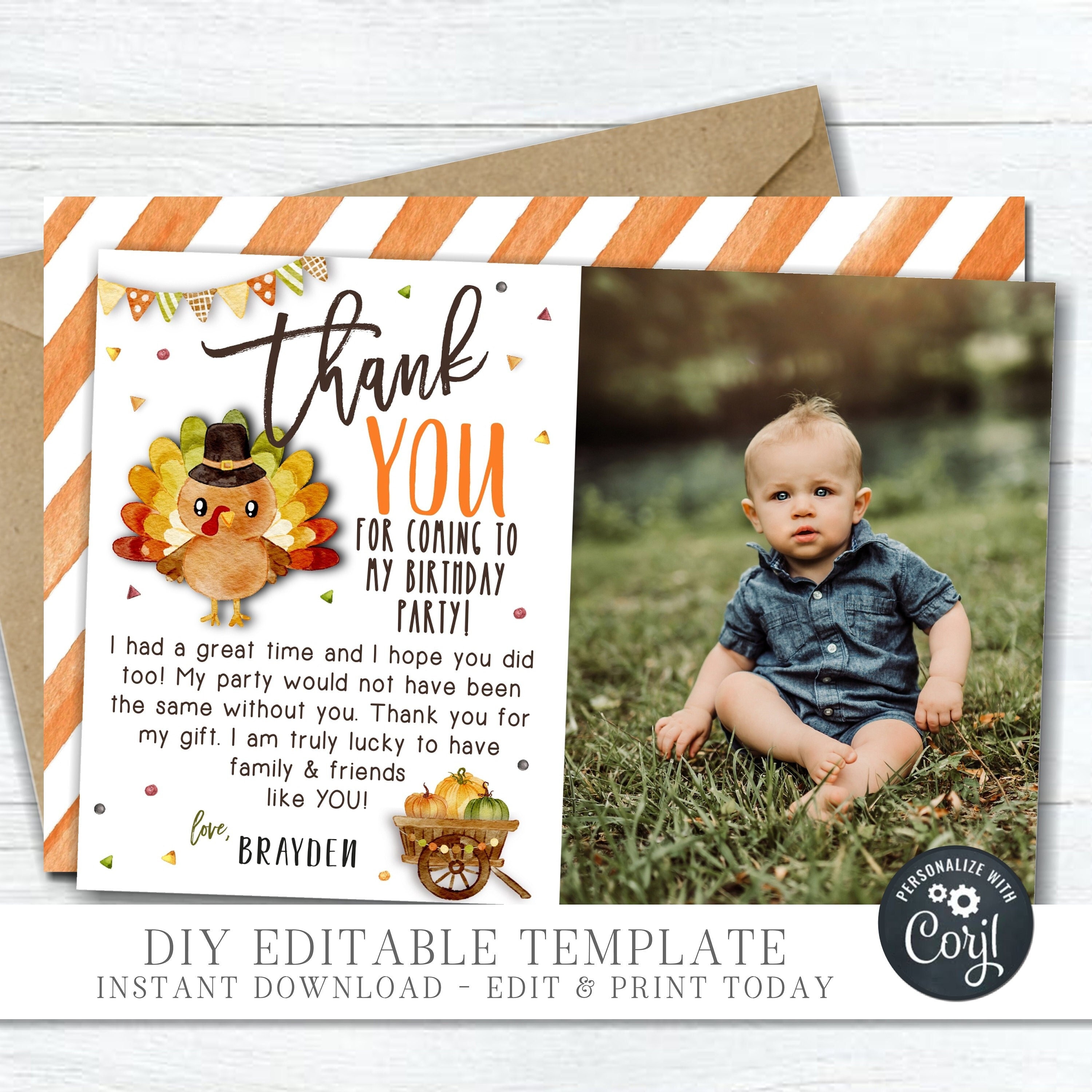 EDITABLE Little Turkey Birthday Thank You Card Thanksgiving - Etsy