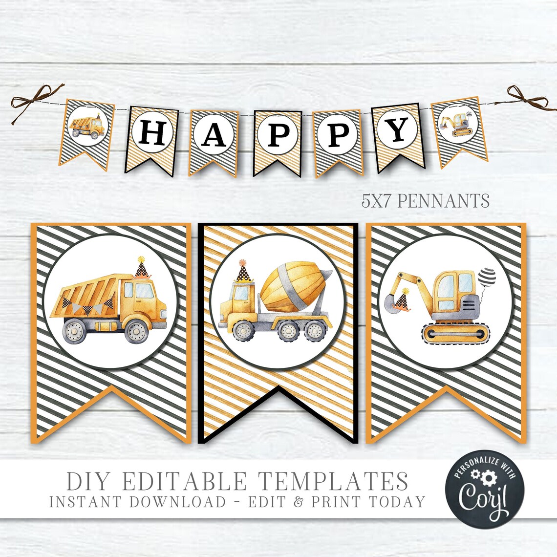 EDITABLE Construction Happy Birthday Banner Construction - Etsy