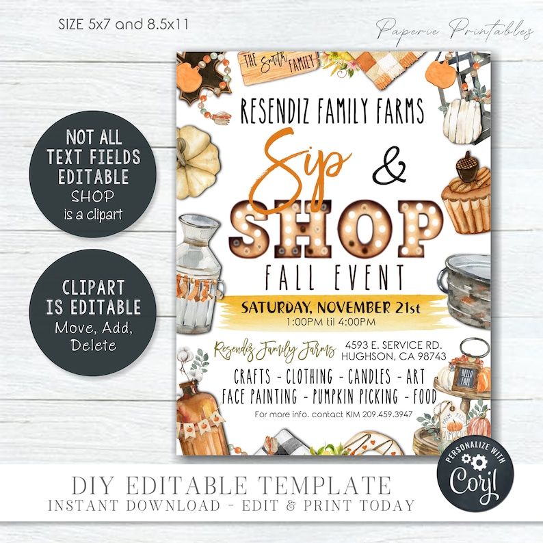 Editable Fall Sip and Shop Flyer: Boutique Market Template (DIY Corjl ...