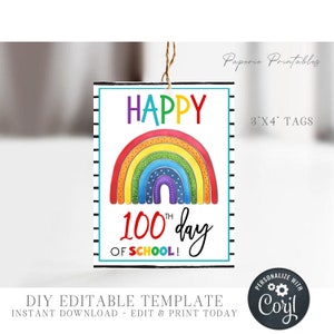 EDITABLE Happy 100th Day of School Tags, 100 Days of School Gift Tag ...