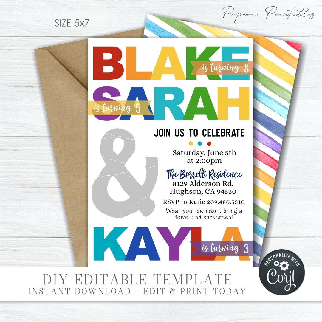 Editable 3 Kids Birthday Invitation: Rainbow Joint Party (DIY W/corjl ...