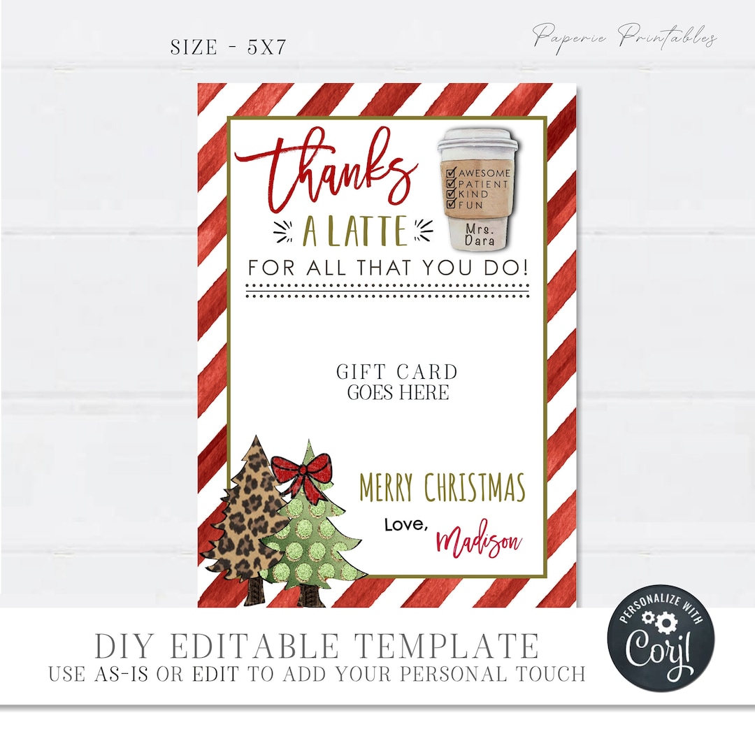 EDITABLE Christmas Gift Card Holder, Christmas Thanks a LATTE Gift Card ...