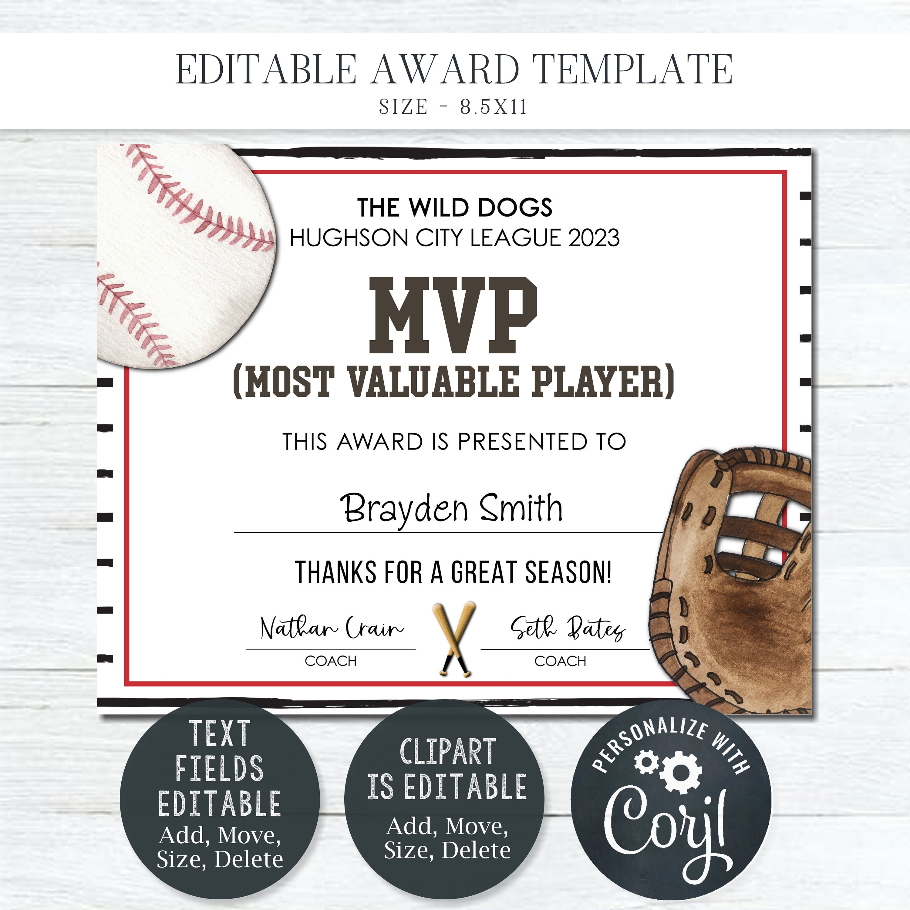 Editable Baseball Award Certificates: Team Party Printables (DIY W ...