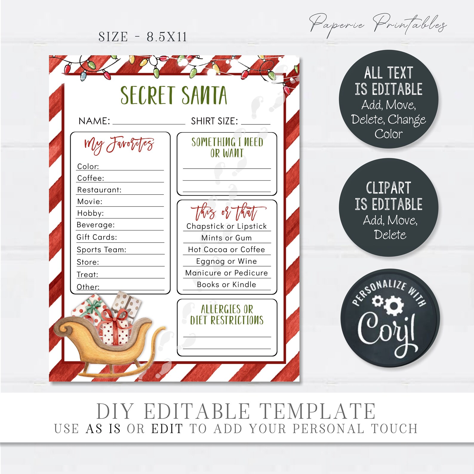 Editable Secret Santa Questionnaire Printable: Christmas Wish List (DIY ...