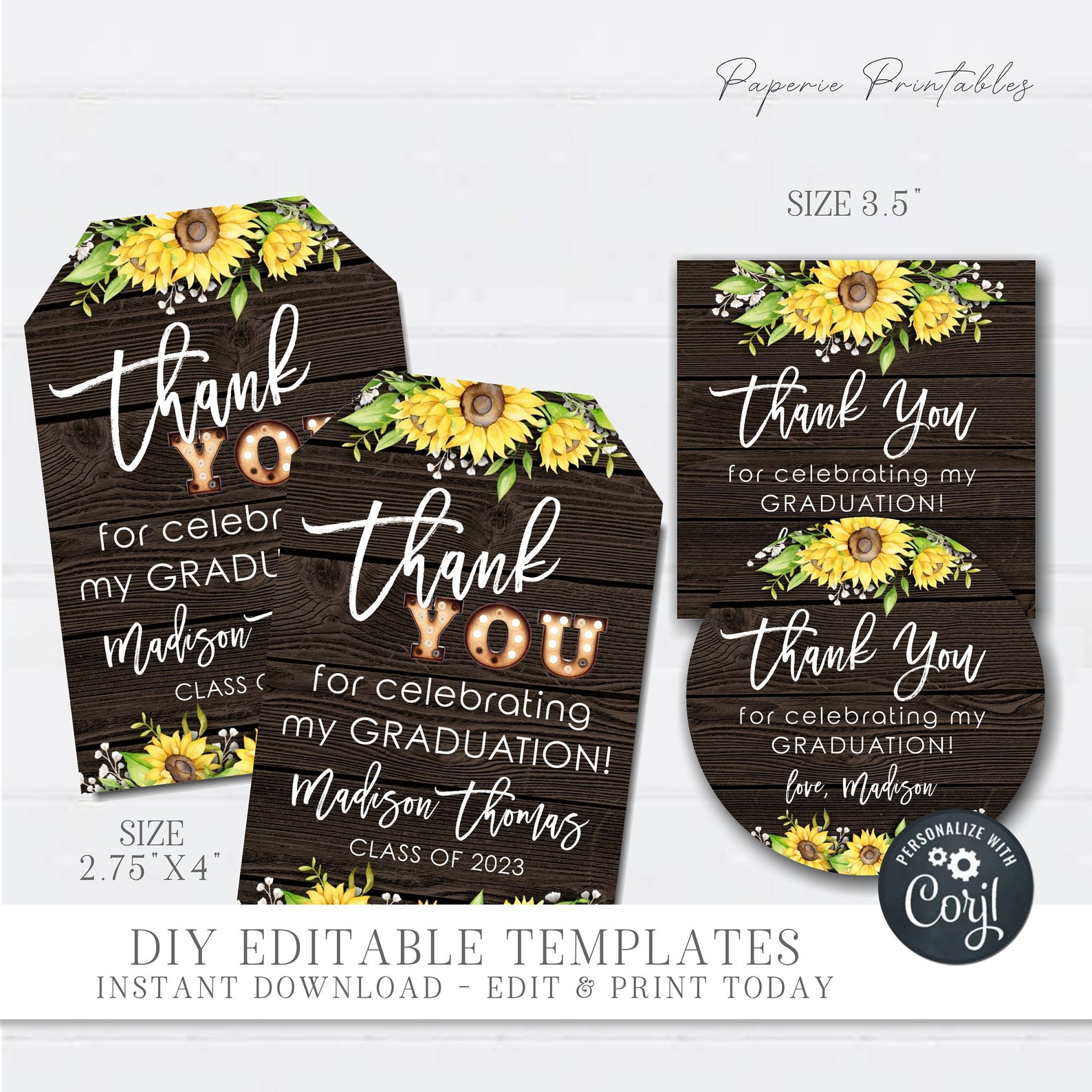 EDITABLE Graduation Gift Tags Sunflower Graduation Tags - Etsy
