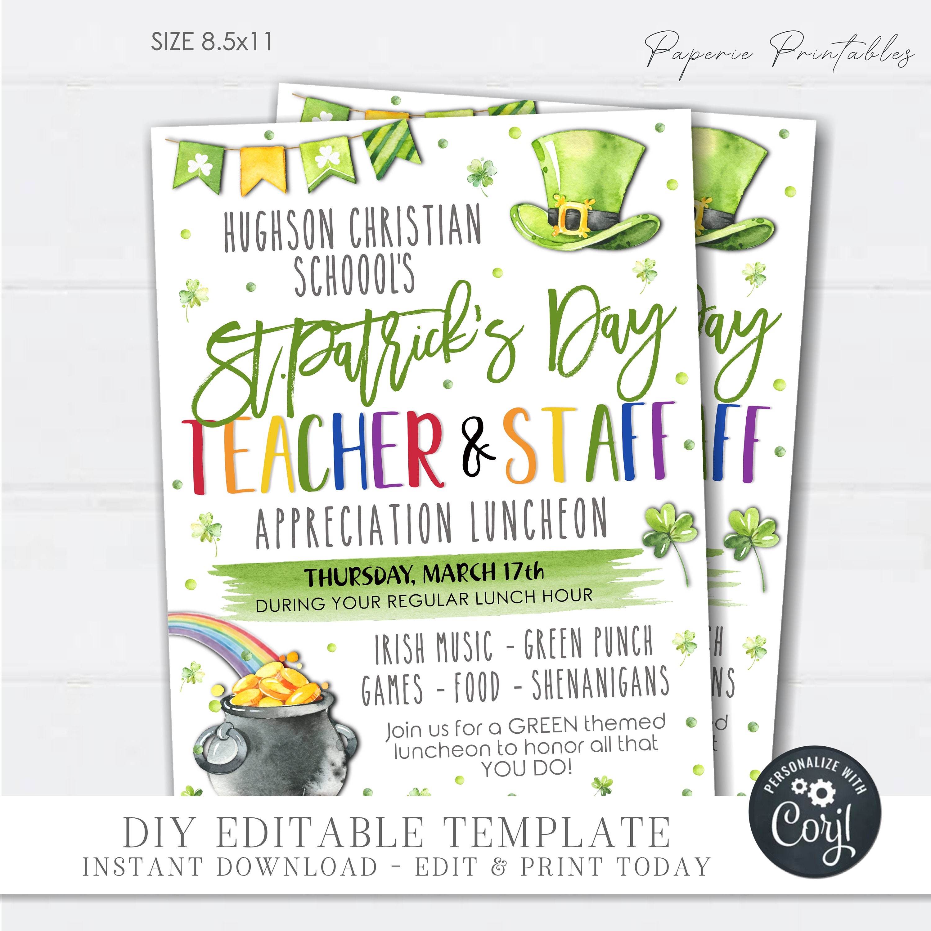 EDITABLE St. Patrick's Day Teacher Appreciation Flyer St. - Etsy