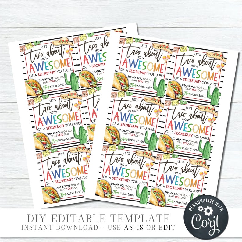 EDITABLE Taco About Secretary Appreciation Gift Tag Secretary - Etsy