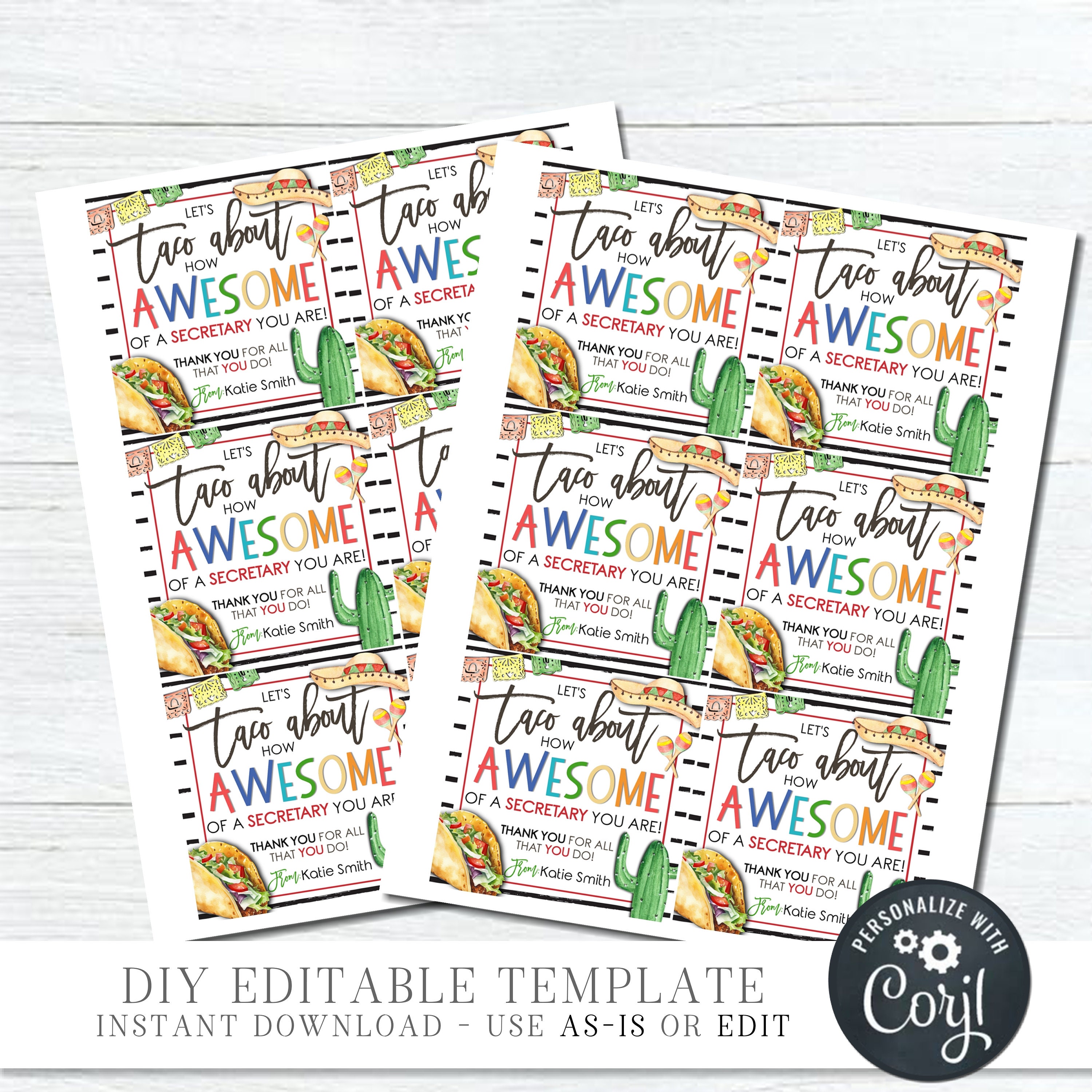 EDITABLE Taco About Secretary Appreciation Gift Tag Secretary - Etsy