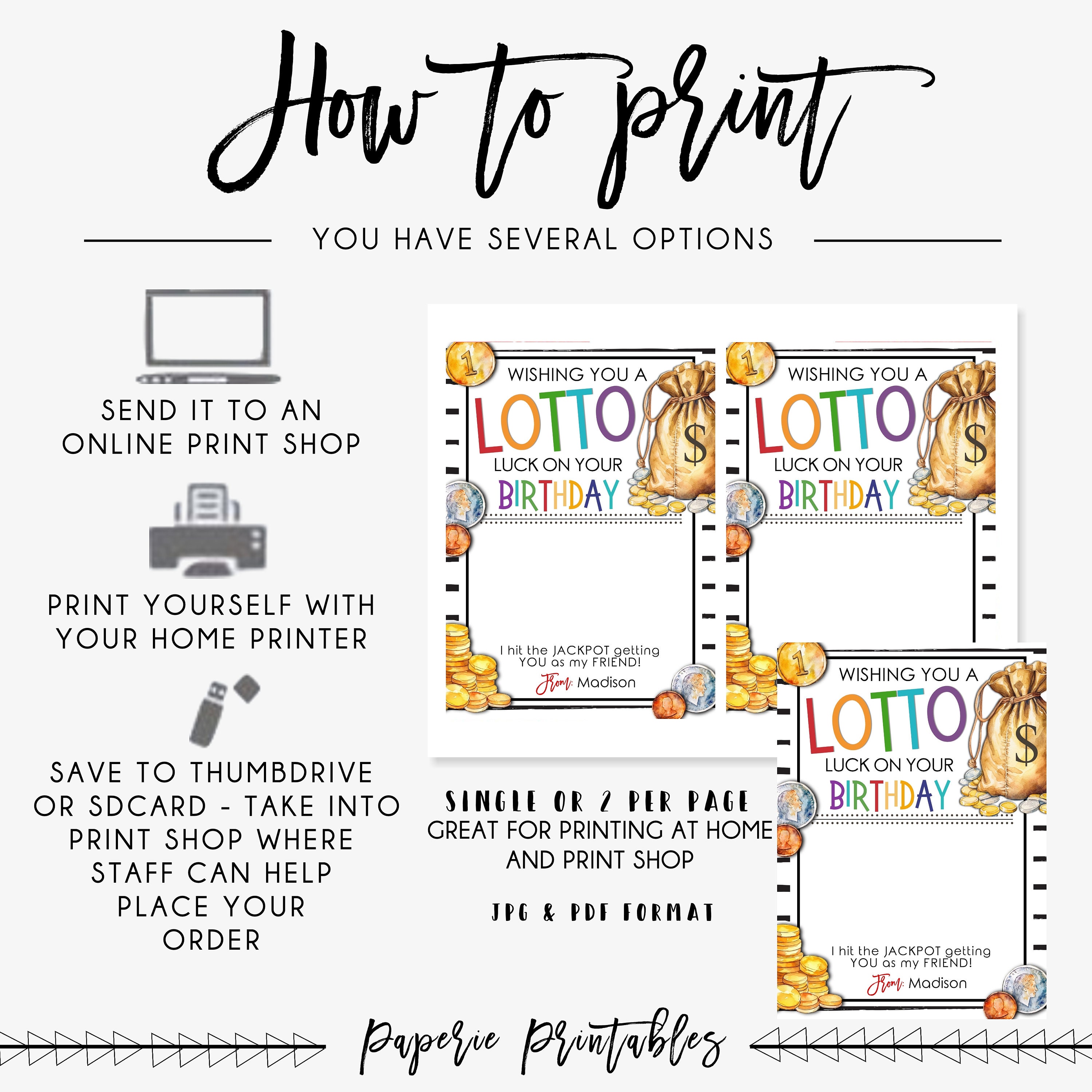 Editable Lotto Ticket Birthday Gift Holder: DIY Printable (5x7) #BC06 ...