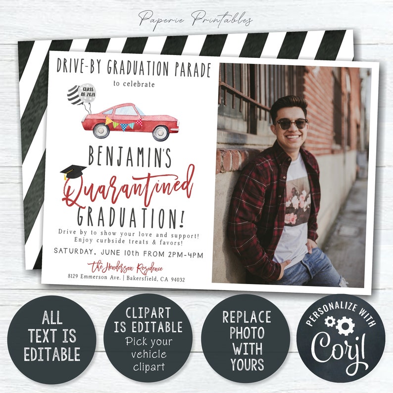 Editable Graduation Parade Invitation: Photo, Vehicle Clipart (DIY ...