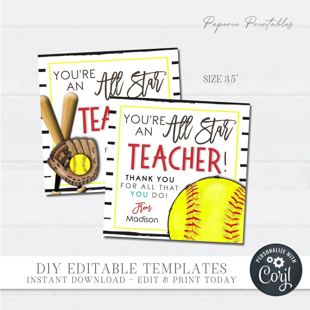 EDITABLE Teacher Appreciation Gift Tag, Softball Teacher Appreciation ...