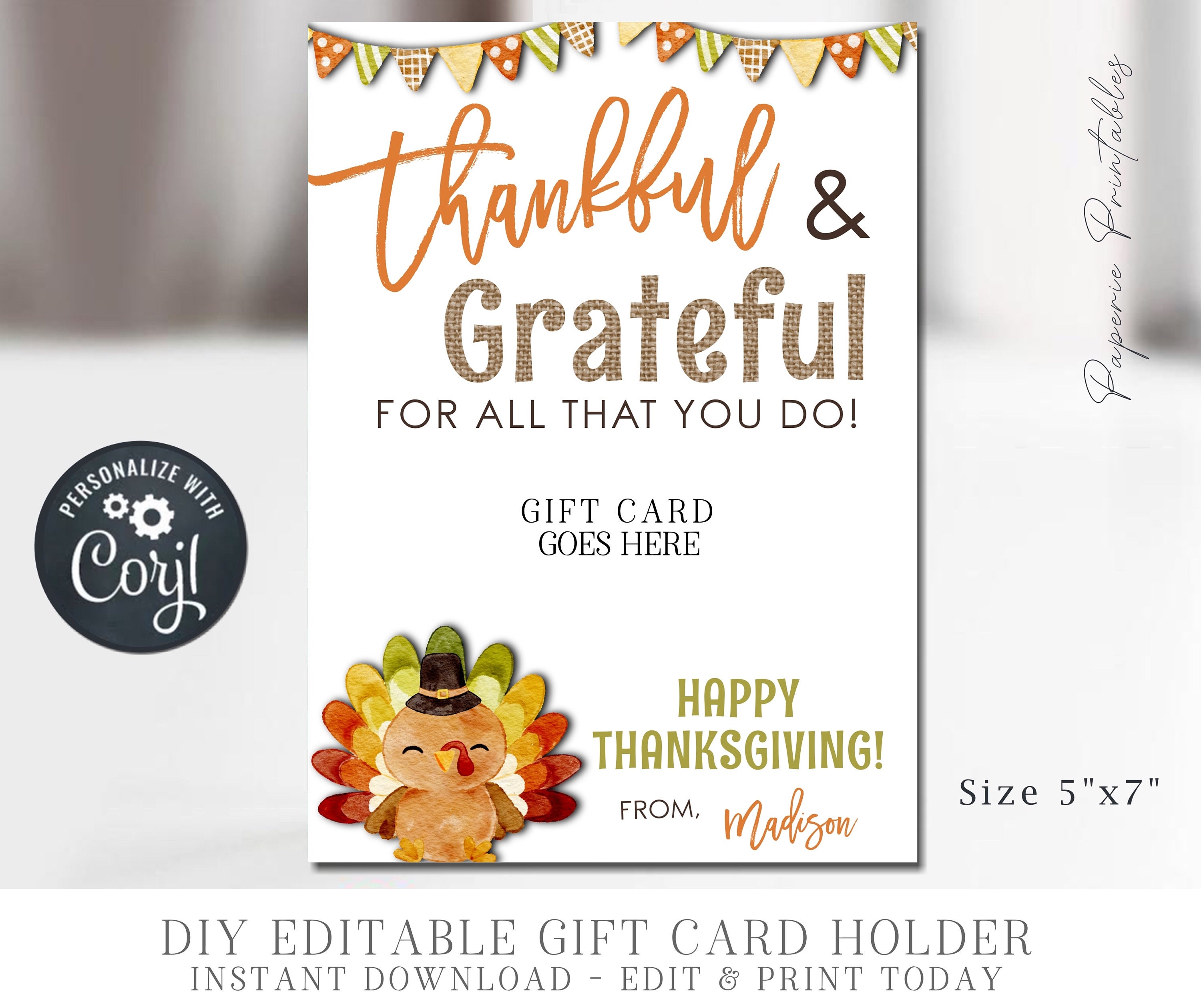 EDITABLE Thanksgiving Gift Card Holder Thanksgiving Thanks a - Etsy