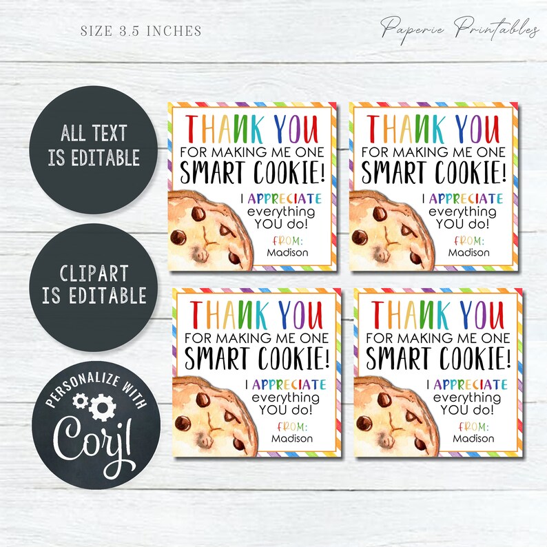 EDITABLE Cookie Teacher Appreciation Gift Tag One Smart - Etsy