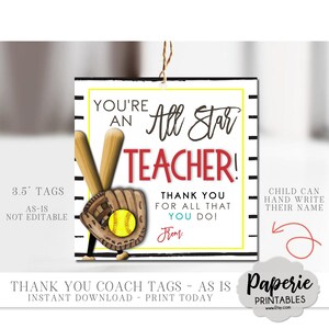 EDITABLE Teacher Appreciation Gift Tag, Softball Teacher Appreciation ...