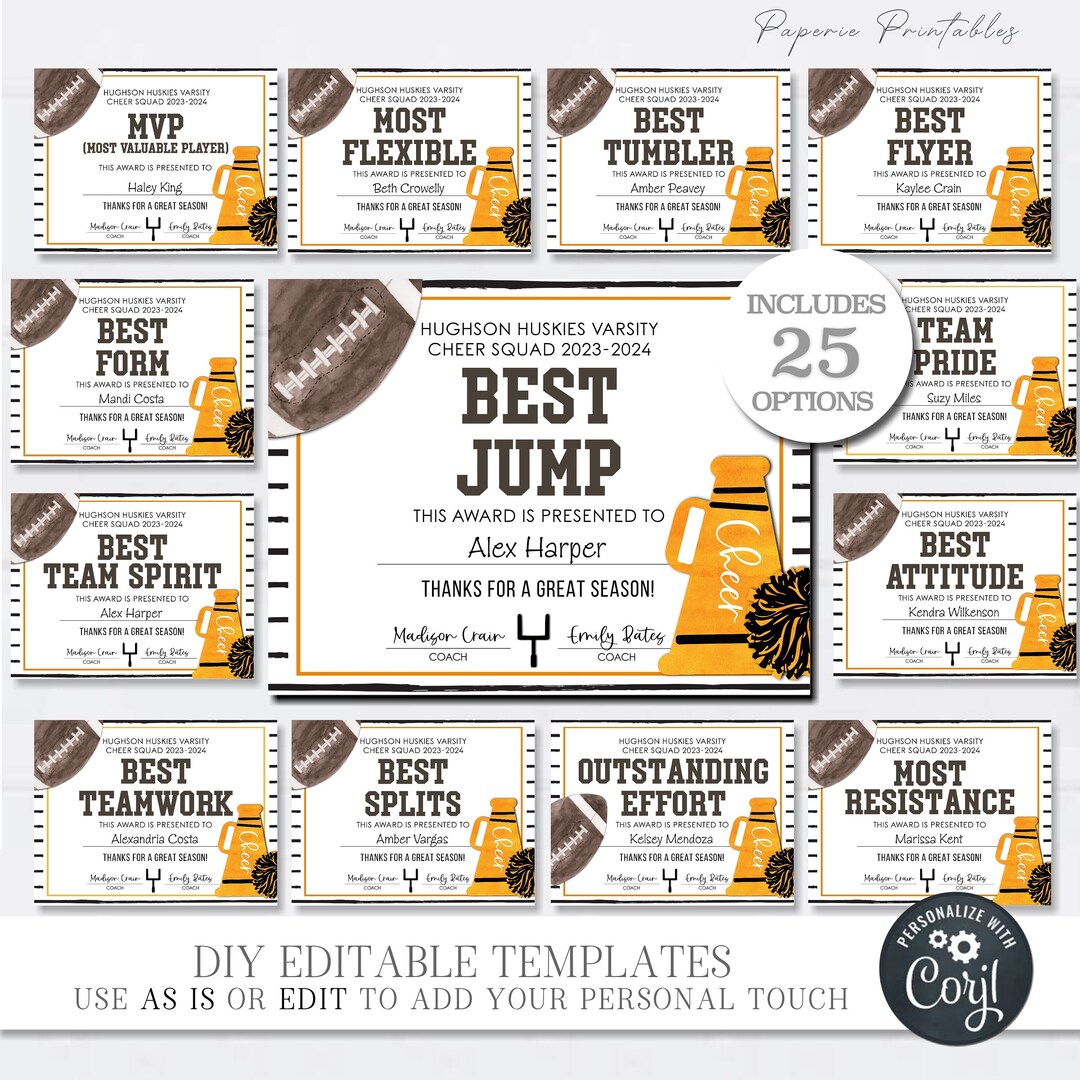 Editable Cheerleading Award Certificate: Orange & Black Team (DIY Corjl ...