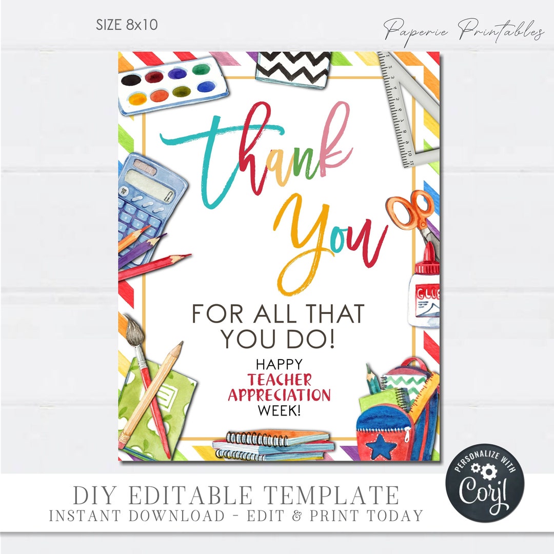 Teacher Appreciation Sign: Editable Thank You Gift (digital Download) # ...