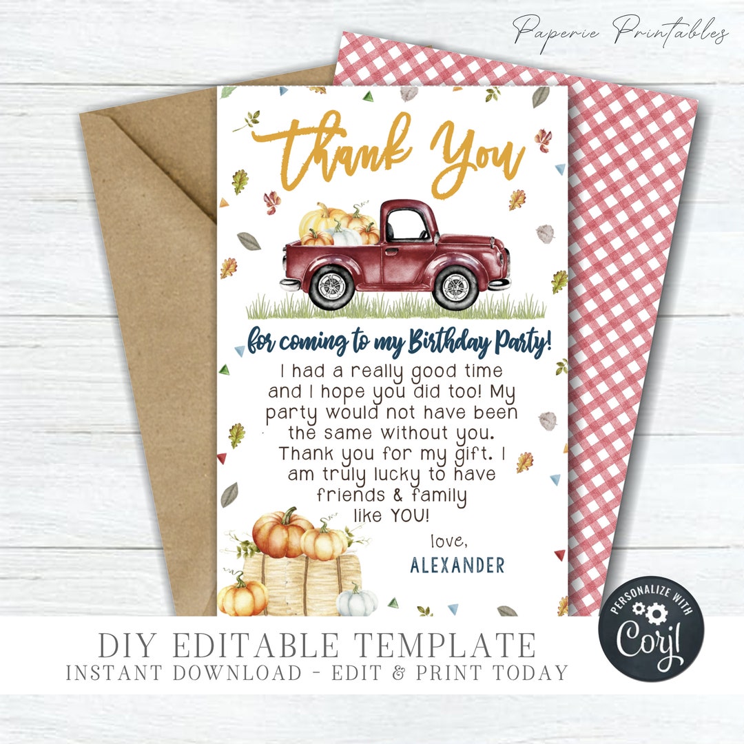 EDITABLE Fall Birthday Thank You Card Boy Fall Thank You Card Fall ...