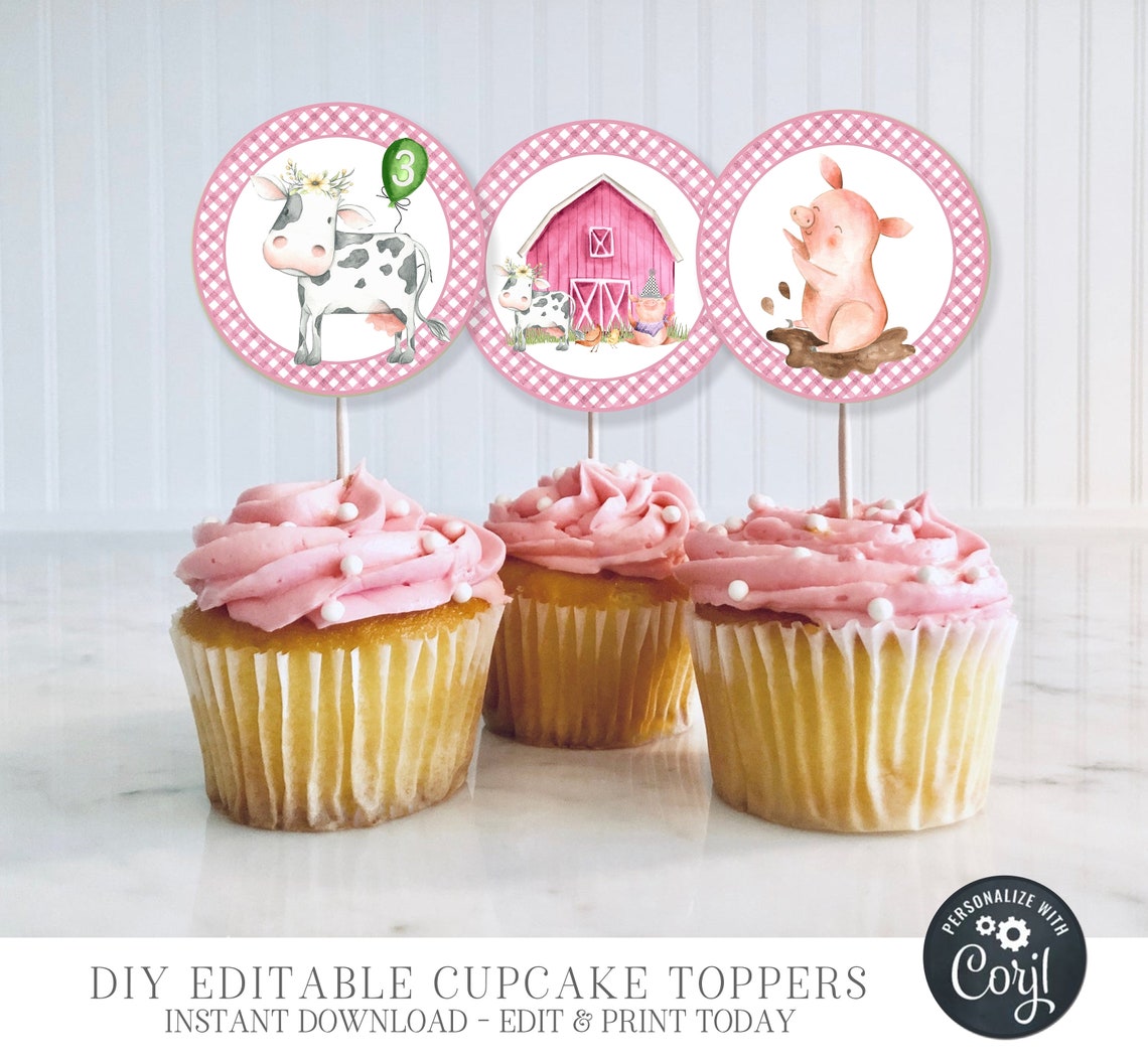 EDITABLE Farm Birthday Party Cupcake Toppers DIY Cupcake | Etsy