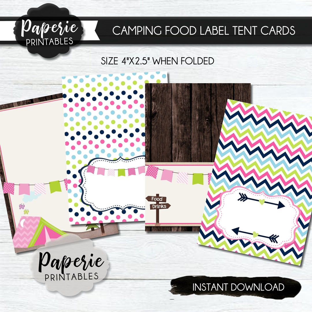 Girl Camping Party Food Label Tent Cards Camping for Label Tents ...