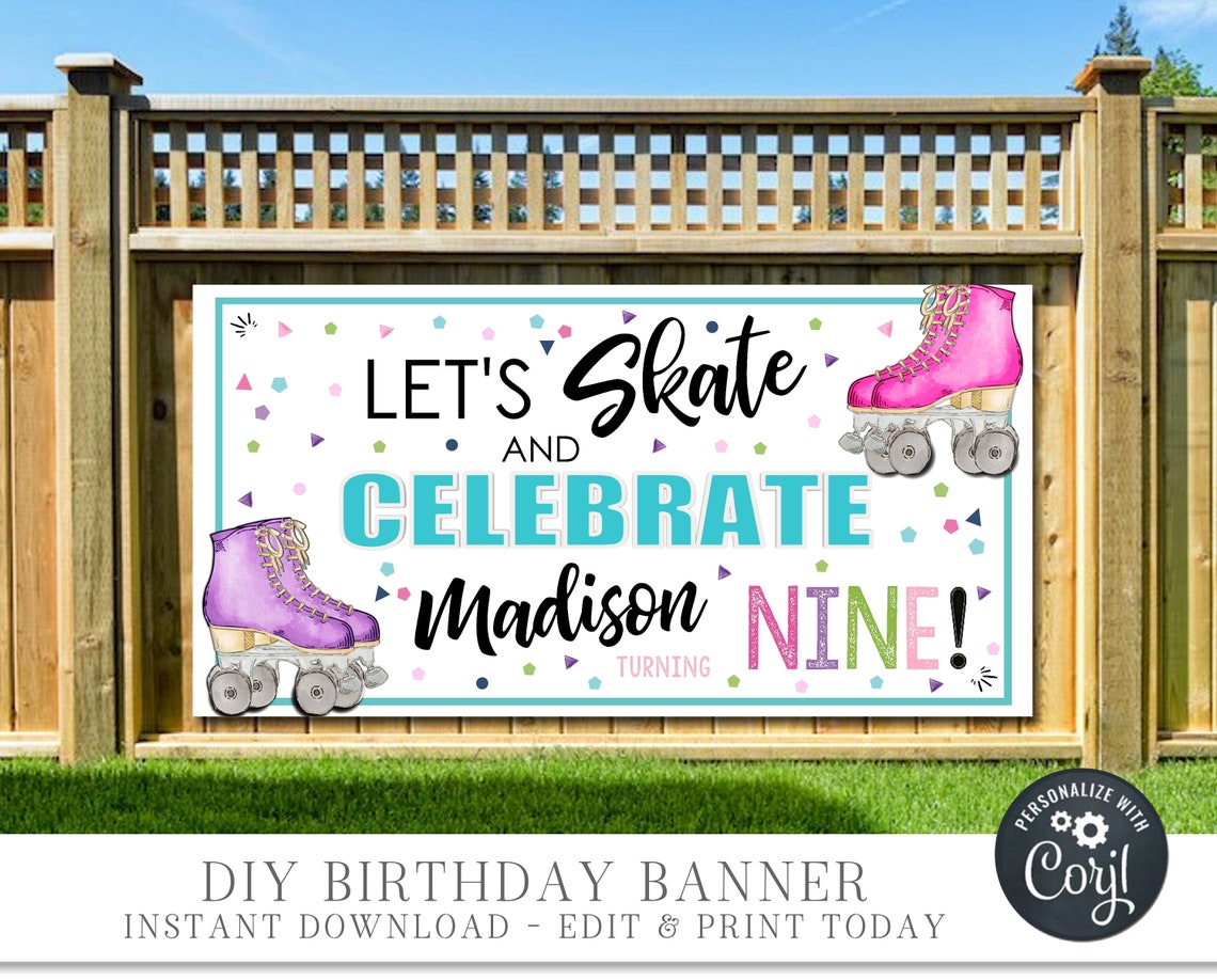Roller Skating Birthday Backdrop: Editable Party Banner (digital ...