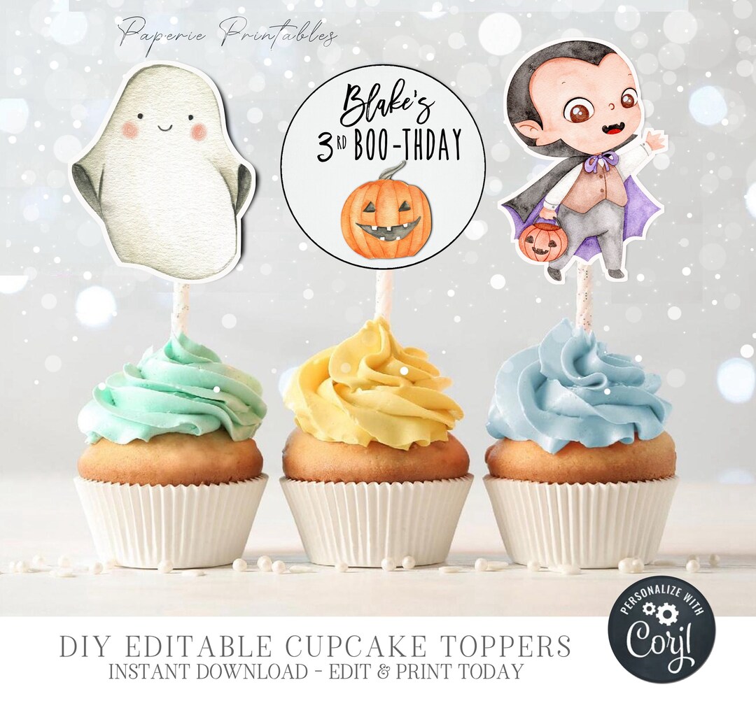Editable Halloween Cupcake Toppers: Ghost, Vampire, Pumpkin (DIY Corjl ...