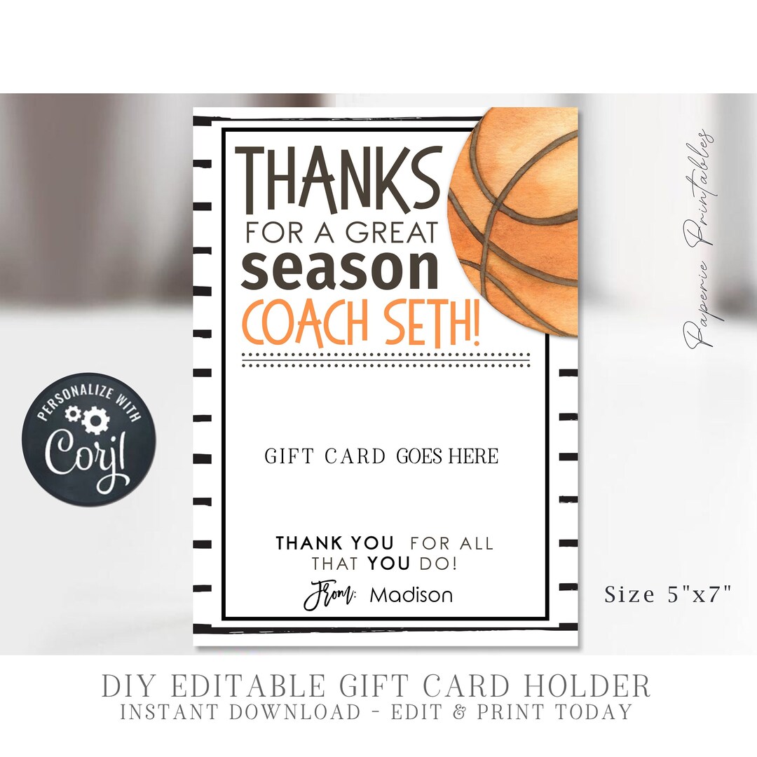 EDITABLE Basketball Coach Appreciation Gift Card Holder, Thanks for a ...