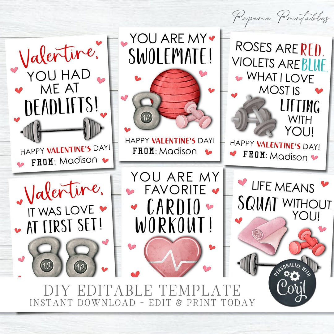 Gym Valentine Cards: Fitness Workout Tags (DIY Editable Corjl) - Etsy