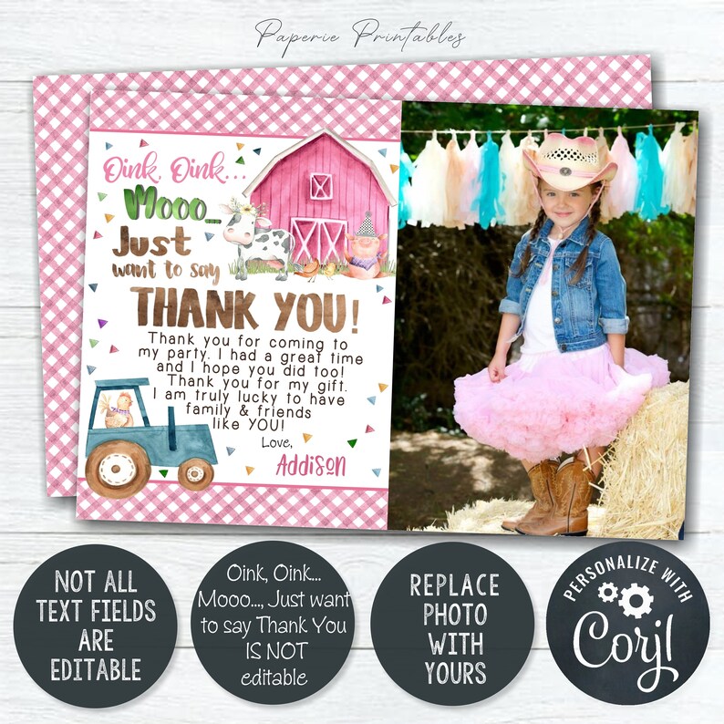 EDITABLE Farm Birthday Thank You Card DIY Farm Birthday - Etsy