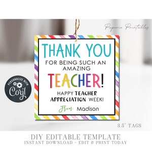 Editable Teacher Appreciation Gift Tag: Rainbow Design (DIY Corjl ...