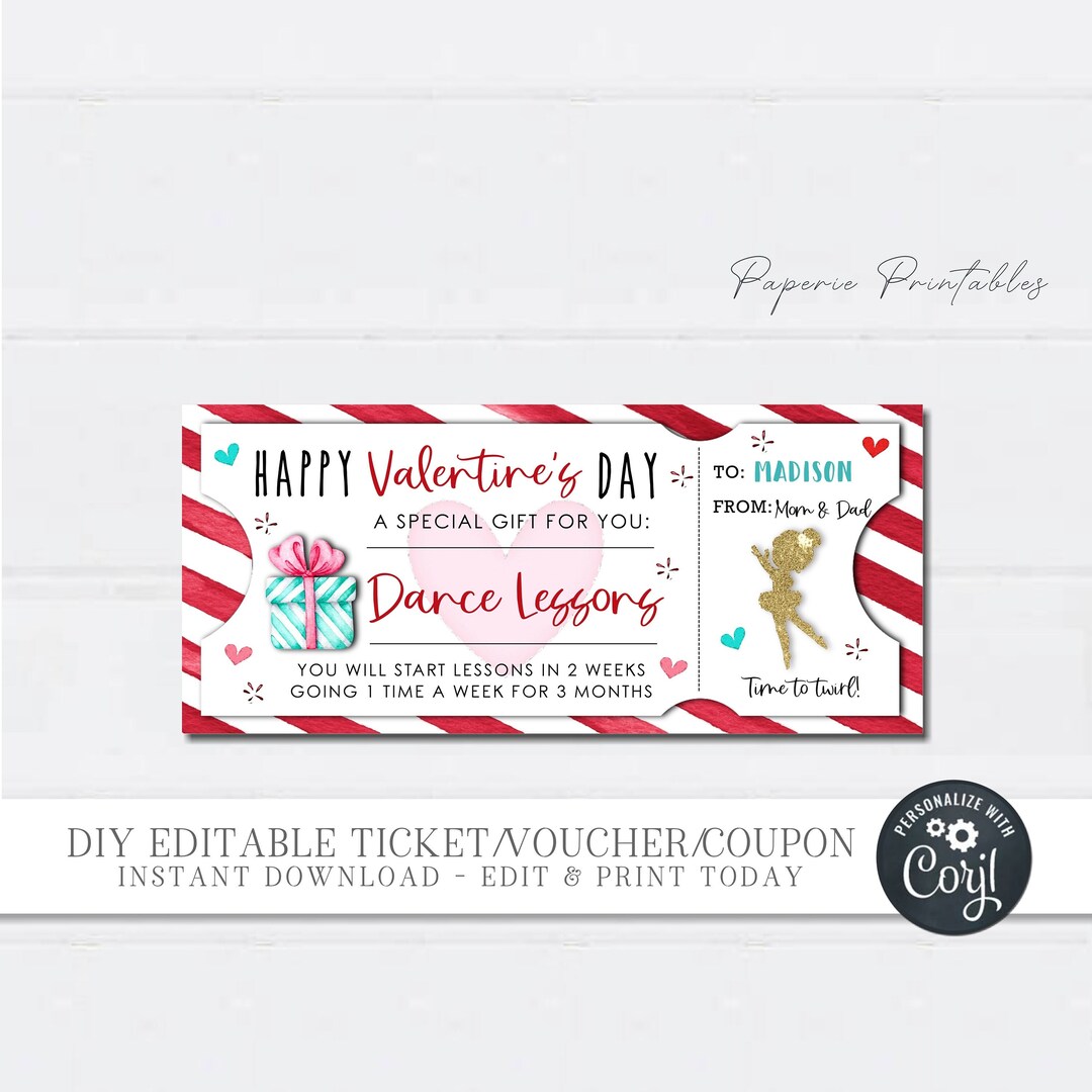 EDITABLE Dance Lessons Coupon, Valentine Gift Coupon, Kids Dance ...