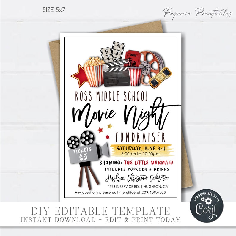 Editable Movie Night Fundraiser Flyer Template (DIY W/corjl) #FLYR03 - Etsy