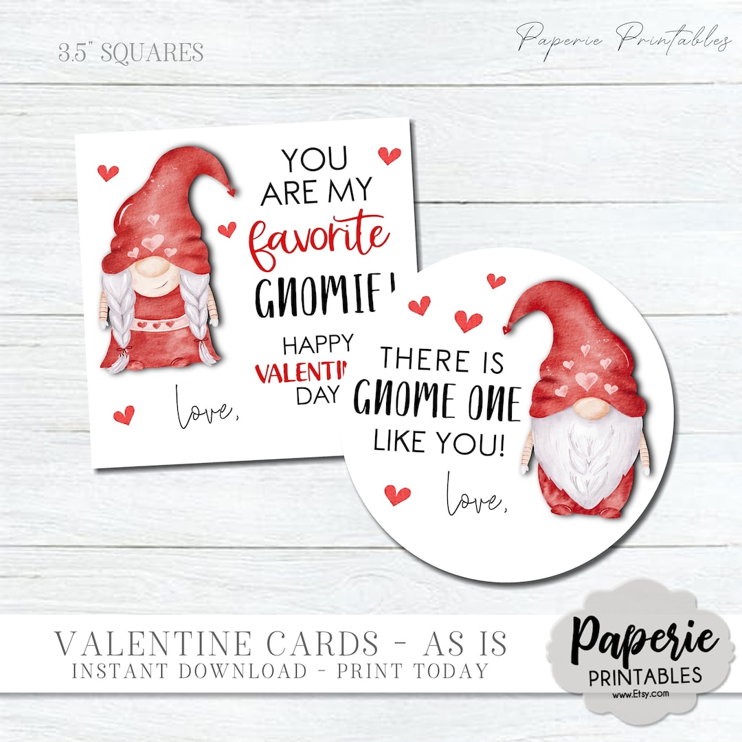 Gnome Valentine Cards, Kids Valentine Cards, Gnomes Valentine Printable ...
