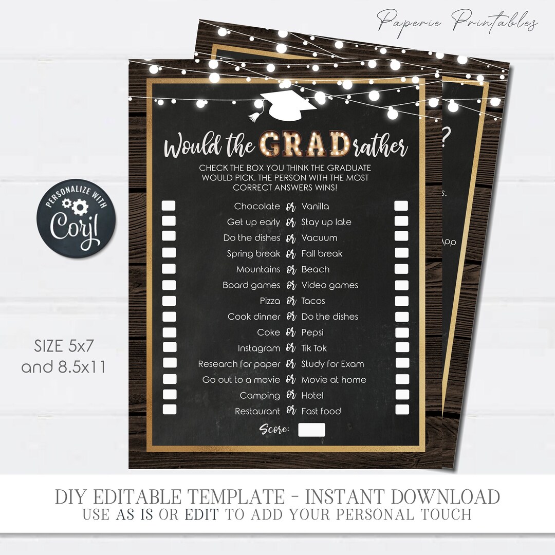 Editable Would the Grad Rather, This or That Graduation Party Game ...