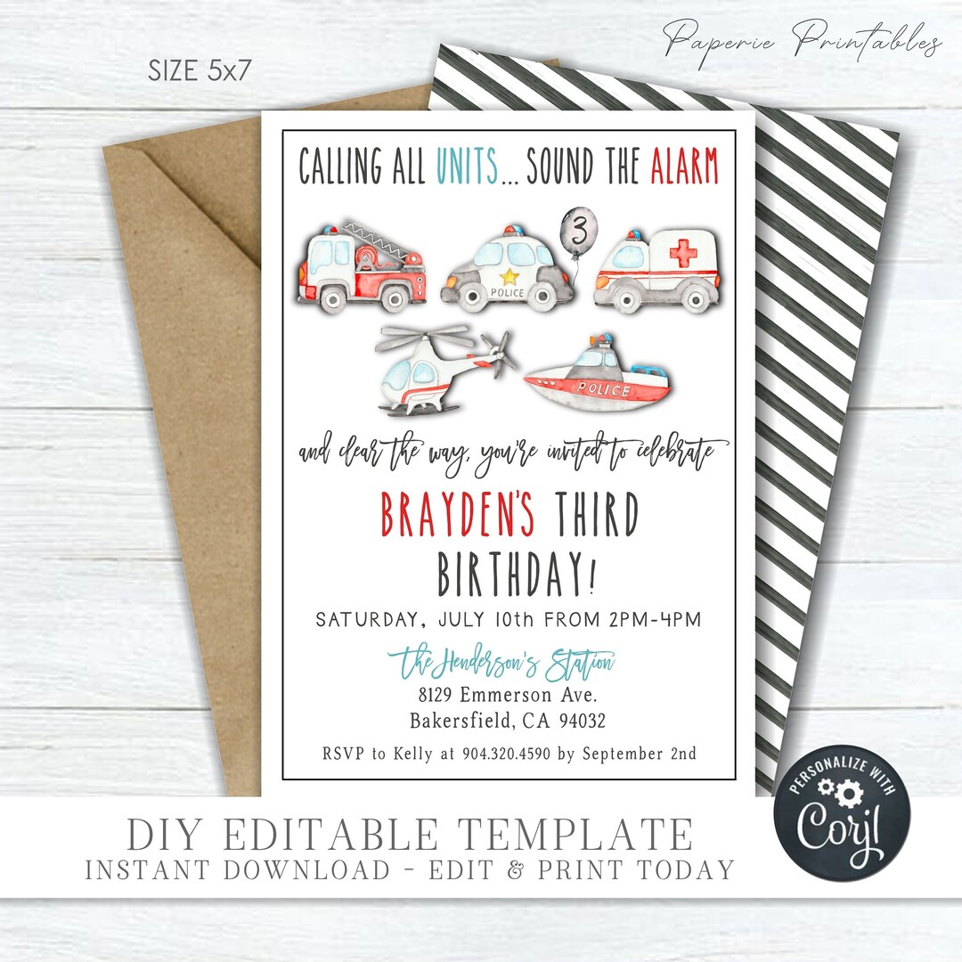EDITABLE First Responders Birthday Invitation, First Responder Party ...