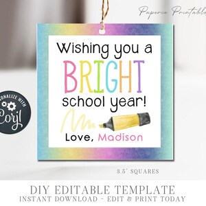 EDITABLE - Bright School Year Teacher Gift Tag - First Day of School ...