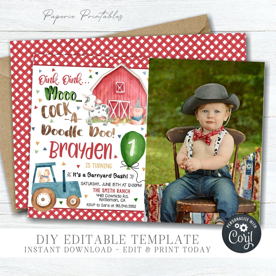 Editable Farm Birthday Invitation: Barnyard Party Template (DIY Corjl ...