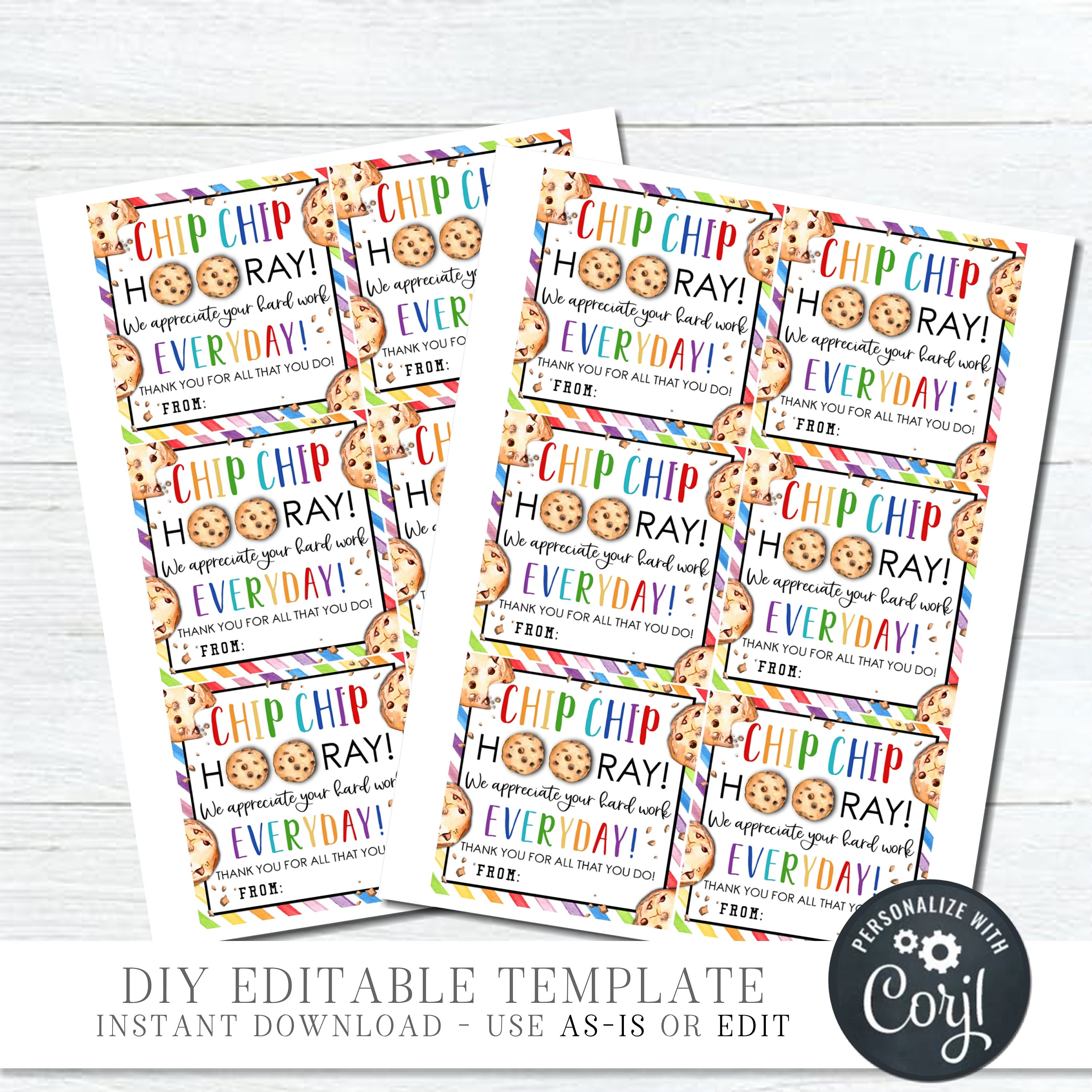 Editable Teacher Appreciation Gift Tag: Chip Chip Hooray (digital ...