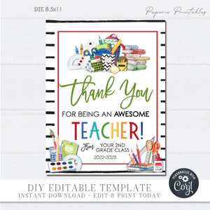 Editable Teacher Appreciation Gift: Thank You Card Printable (DIY Corjl ...