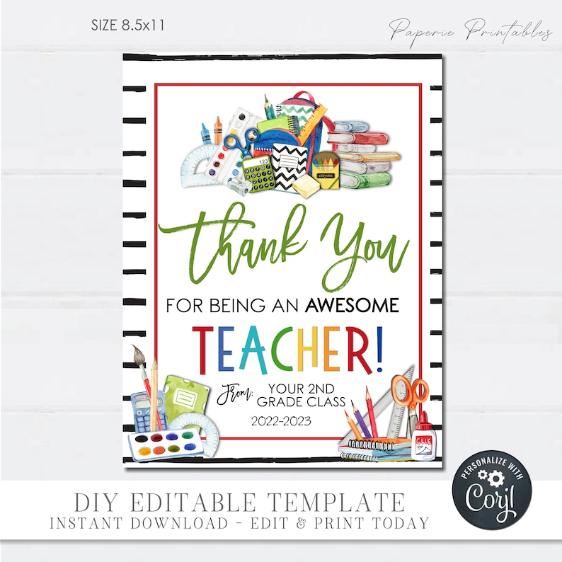 Editable Teacher Appreciation Gift: Thank You Card Printable (DIY Corjl ...