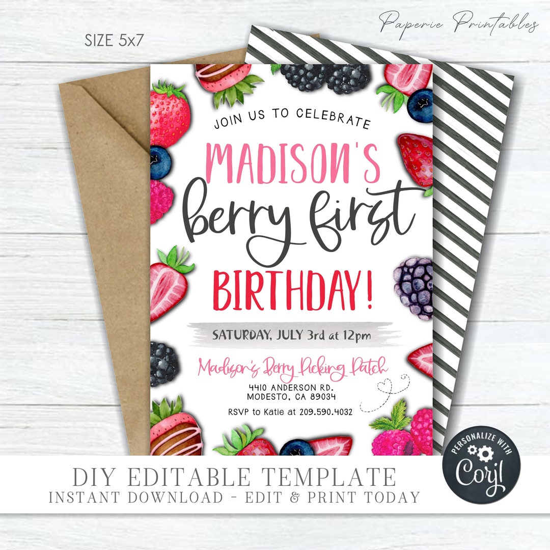 EDITABLE Berry First Birthday Invitation, Sweet Birthday Invitation ...